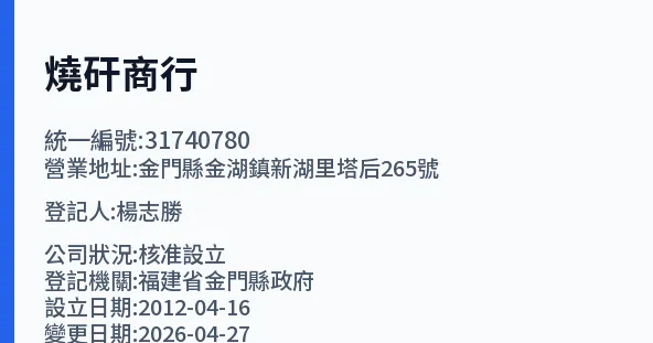 燒矸商行的照片-統編 31740780(金門縣) 公司登記資料與營業項目詳細圖表