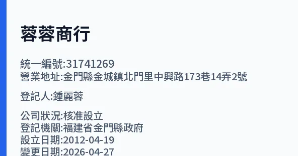 蓉蓉商行的照片-統編 31741269(金門縣) 公司登記資料與營業項目詳細圖表