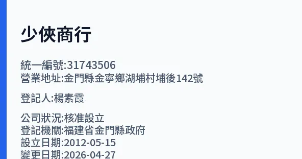 少俠商行的照片-統編 31743506(金門縣) 公司登記資料與營業項目詳細圖表