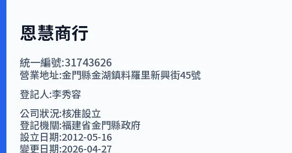 恩慧商行的照片-統編 31743626(金門縣) 公司登記資料與營業項目詳細圖表