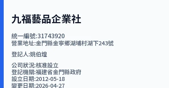 九福藝品企業社的照片-統編 31743920(金門縣) 公司登記資料與營業項目詳細圖表