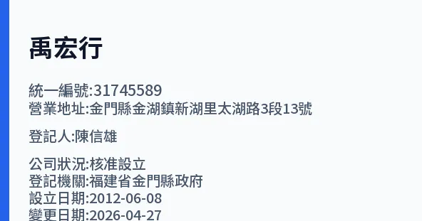 禹宏行的照片-統編 31745589(金門縣) 公司登記資料與營業項目詳細圖表