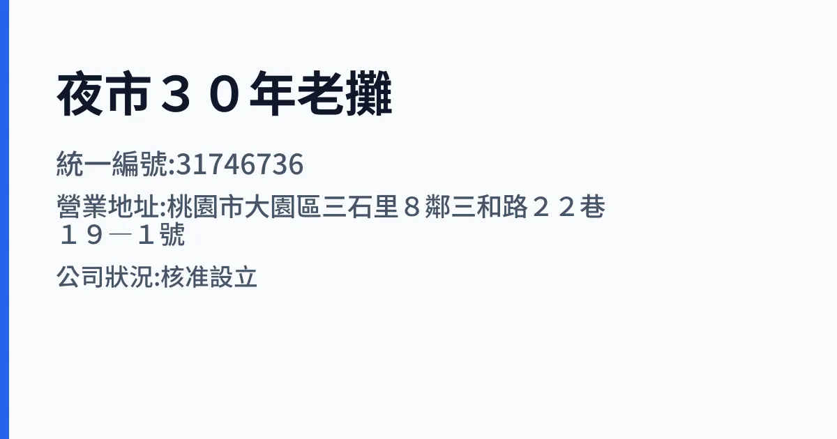 夜市30年老攤 - 統編 31746736(桃園市) 公司登記資料與營業項目詳細圖表