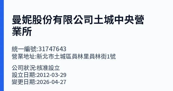 曼妮股份有限公司土城中央營業所的照片-統編 31747643(新北市) 公司登記資料與營業項目詳細圖表
