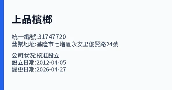 上品檳榔的照片-統編 31747720(基隆市) 公司登記資料與營業項目詳細圖表