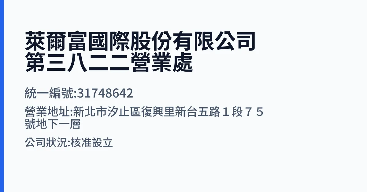 萊爾富國際股份有限公司第三八二二營業處 - 統編 31748642(新北市) 公司登記資料與營業項目詳細圖表