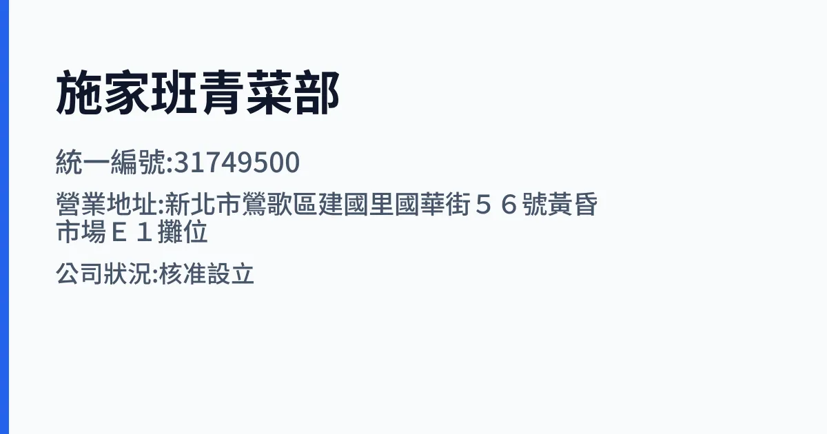 施家班青菜部 - 統編 31749500(新北市) 公司登記資料與營業項目詳細圖表