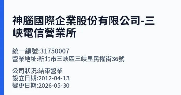 神腦國際企業股份有限公司-三峽電信營業所的照片-統編 31750007(新北市) 公司登記資料與營業項目詳細圖表