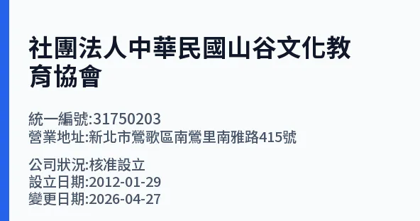 社團法人中華民國山谷文化教育協會的照片-統編 31750203(新北市) 公司登記資料與營業項目詳細圖表