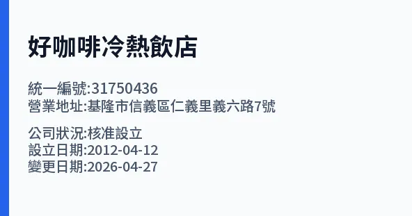 好咖啡冷熱飲店的照片-統編 31750436(基隆市) 公司登記資料與營業項目詳細圖表