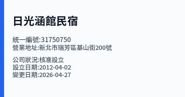 日光涵館民宿的照片-統編 31750750(新北市) 公司登記資料與營業項目詳細圖表