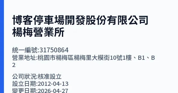 博客停車場開發股份有限公司楊梅營業所的照片-統編 31750864(桃園市) 公司登記資料與營業項目詳細圖表