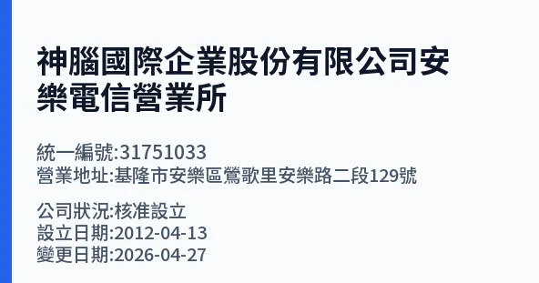 神腦國際企業股份有限公司安樂電信營業所的照片-統編 31751033(基隆市) 公司登記資料與營業項目詳細圖表