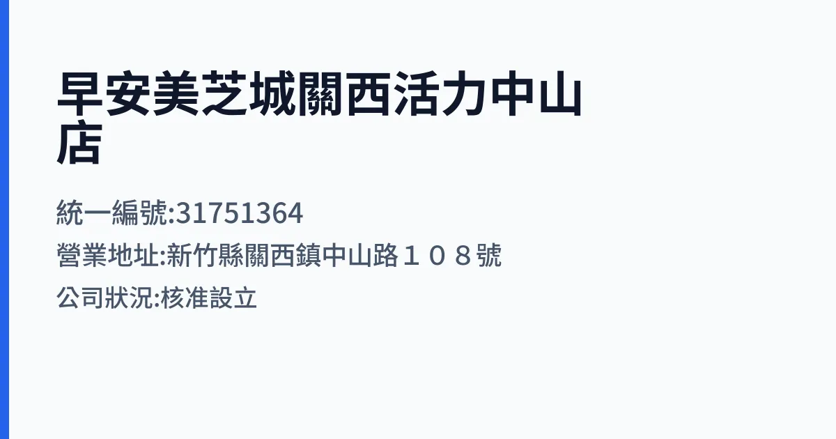 早安美芝城關西活力中山店 - 統編 31751364(新竹縣) 公司登記資料與營業項目詳細圖表
