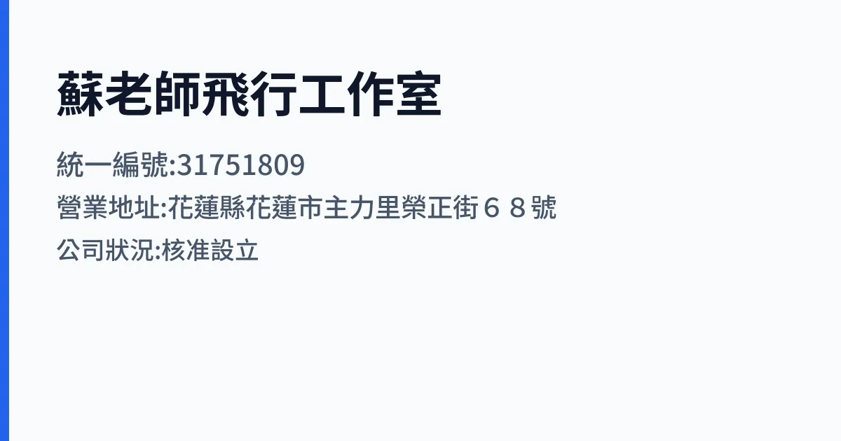 蘇老師飛行工作室 - 統編 31751809(花蓮縣) 公司登記資料與營業項目詳細圖表