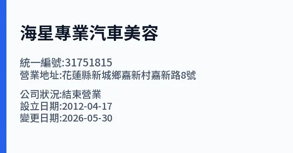 海星專業汽車美容的照片-統編 31751815(花蓮縣) 公司登記資料與營業項目詳細圖表