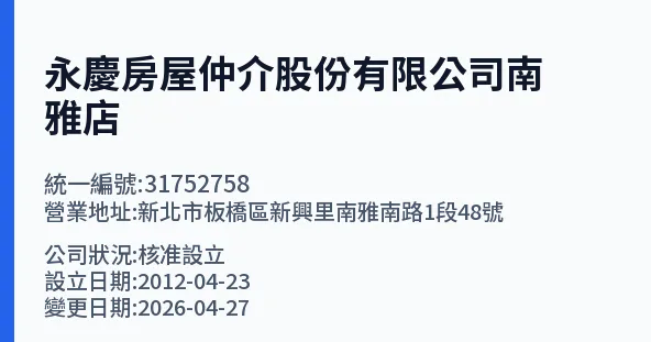 永慶房屋仲介股份有限公司南雅店的照片-統編 31752758(新北市) 公司登記資料與營業項目詳細圖表