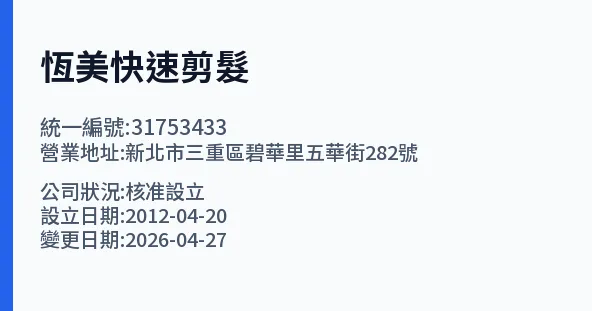 恆美快速剪髮的照片-統編 31753433(新北市) 公司登記資料與營業項目詳細圖表