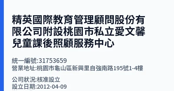 精英國際教育管理顧問股份有限公司附設桃園市私立愛文馨兒童課後照顧服務中心的照片-統編 31753659(桃園市) 公司登記資料與營業項目詳細圖表