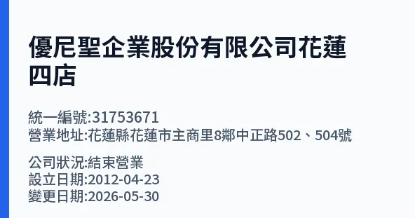 優尼聖企業股份有限公司花蓮四店的照片-統編 31753671(花蓮縣) 公司登記資料與營業項目詳細圖表