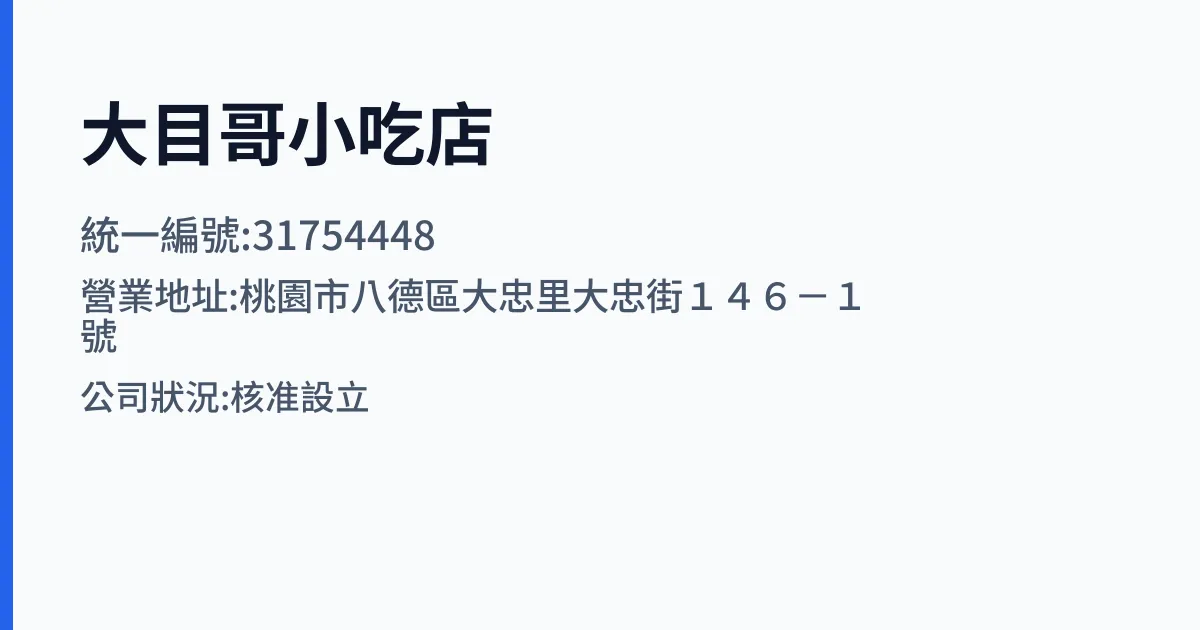 大目哥小吃店 - 統編 31754448(桃園市) 公司登記資料與營業項目詳細圖表
