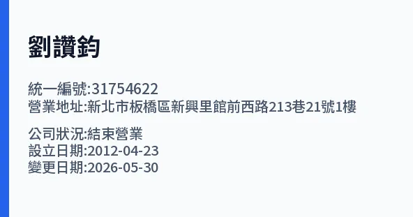 劉讚鈞的照片-統編 31754622(新北市) 公司登記資料與營業項目詳細圖表