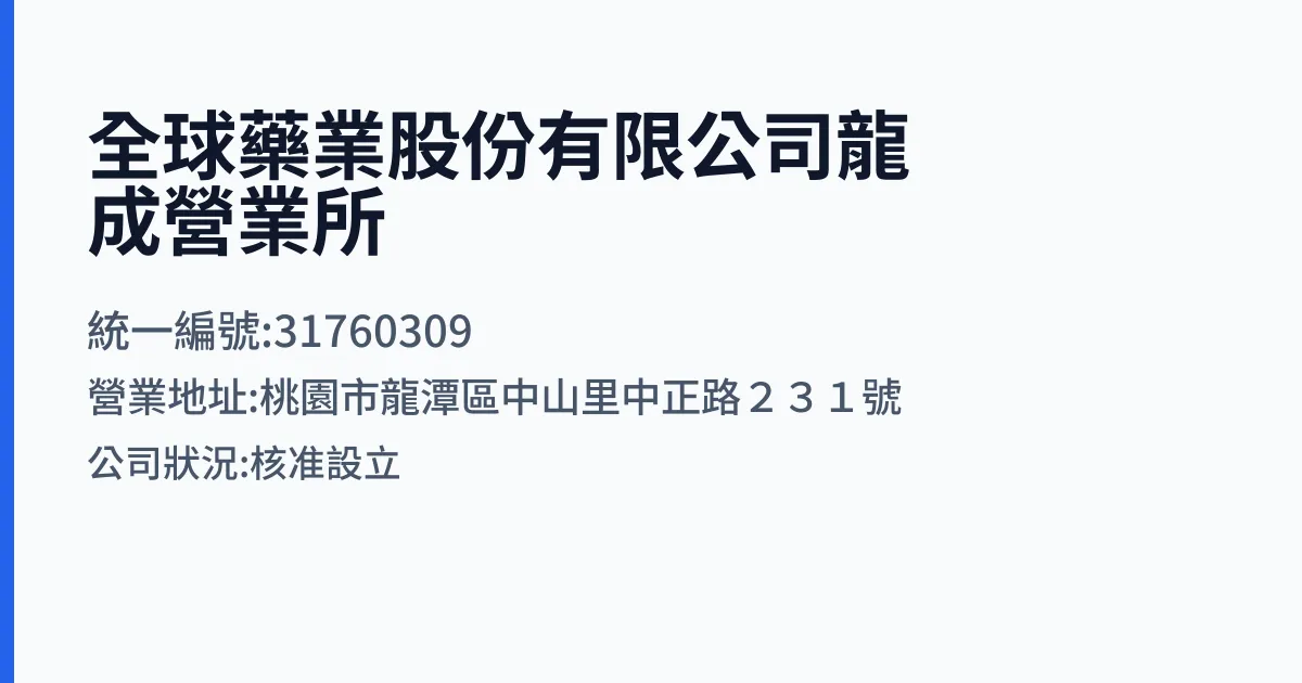 全球藥業股份有限公司龍成營業所 - 統編 31760309(桃園市) 公司登記資料與營業項目詳細圖表