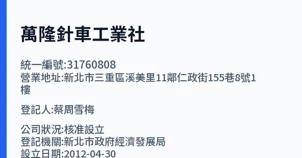萬隆針車工業社的照片-統編 31760808(新北市) 公司登記資料與營業項目詳細圖表