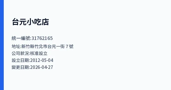 台元小吃店的照片-統編 31762165(新竹縣) 公司登記資料與營業項目詳細圖表