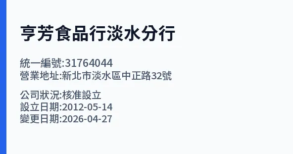 亨芳食品行淡水分行的照片-統編 31764044(新北市) 公司登記資料與營業項目詳細圖表
