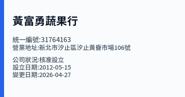 黃富勇蔬果行的照片-統編 31764163(新北市) 公司登記資料與營業項目詳細圖表