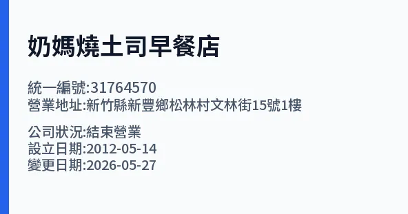 奶媽燒土司早餐店的照片-統編 31764570(新竹縣) 公司登記資料與營業項目詳細圖表