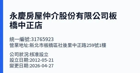 永慶房屋仲介股份有限公司板橋中正店的照片-統編 31765923(新北市) 公司登記資料與營業項目詳細圖表