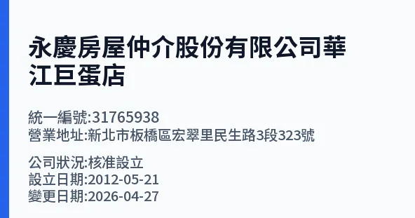 永慶房屋仲介股份有限公司華江巨蛋店的照片-統編 31765938(新北市) 公司登記資料與營業項目詳細圖表