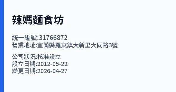 辣媽麵食坊的照片-統編 31766872(宜蘭縣) 公司登記資料與營業項目詳細圖表