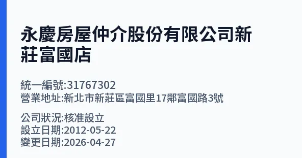永慶房屋仲介股份有限公司新莊富國店的照片-統編 31767302(新北市) 公司登記資料與營業項目詳細圖表