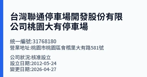 台灣聯通停車場開發股份有限公司桃園大有停車場的照片-統編 31768180(桃園市) 公司登記資料與營業項目詳細圖表