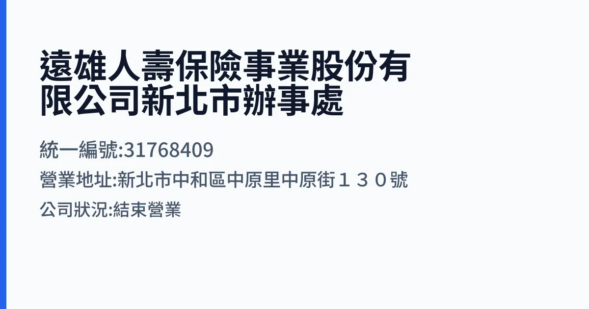 遠雄人壽保險事業股份有限公司新北市辦事處 - 統編 31768409(新北市) 公司登記資料與營業項目詳細圖表
