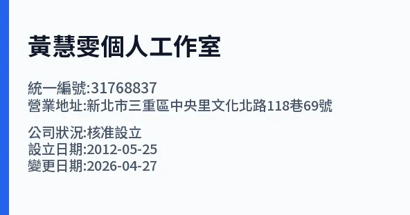黃慧雯個人工作室的照片-統編 31768837(新北市) 公司登記資料與營業項目詳細圖表