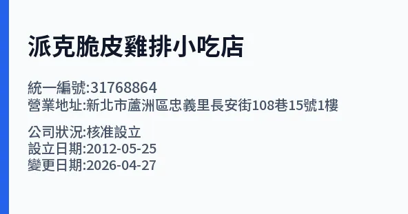 派克脆皮雞排小吃店的照片-統編 31768864(新北市) 公司登記資料與營業項目詳細圖表