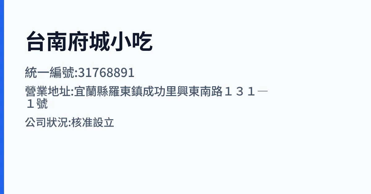 台南府城小吃 - 統編 31768891(宜蘭縣) 公司登記資料與營業項目詳細圖表