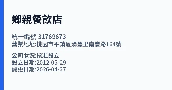 鄉親餐飲店的照片-統編 31769673(桃園市) 公司登記資料與營業項目詳細圖表
