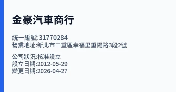 金豪汽車商行的照片-統編 31770284(新北市) 公司登記資料與營業項目詳細圖表