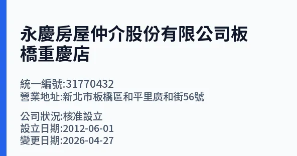 永慶房屋仲介股份有限公司板橋重慶店的照片-統編 31770432(新北市) 公司登記資料與營業項目詳細圖表