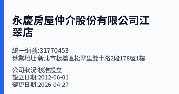 永慶房屋仲介股份有限公司江翠店的照片-統編 31770453(新北市) 公司登記資料與營業項目詳細圖表