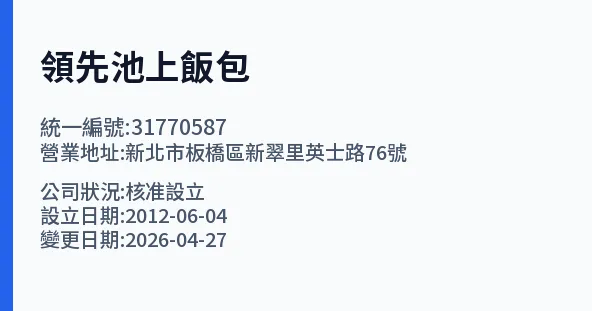 領先池上飯包的照片-統編 31770587(新北市) 公司登記資料與營業項目詳細圖表