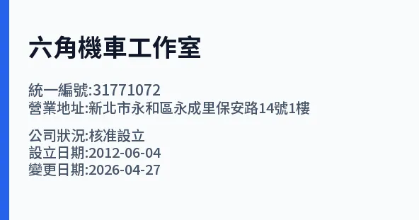 六角機車工作室的照片-統編 31771072(新北市) 公司登記資料與營業項目詳細圖表