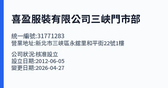 喜盈服裝有限公司三峽門市部的照片-統編 31771283(新北市) 公司登記資料與營業項目詳細圖表