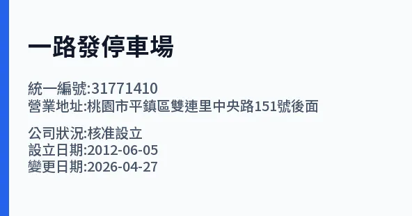 一路發停車場的照片-統編 31771410(桃園市) 公司登記資料與營業項目詳細圖表