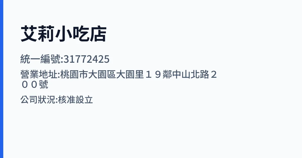 艾莉小吃店 - 統編 31772425(桃園市) 公司登記資料與營業項目詳細圖表